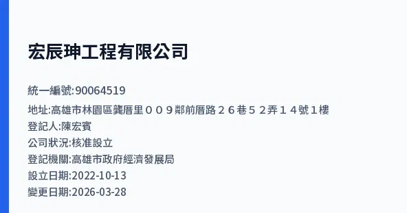 宏辰珅工程有限公司的照片-統編 90064519(高雄市) 公司登記資料與營業項目詳細圖表