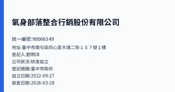 氧身部落整合行銷股份有限公司的照片-統編 90066349(臺中市) 公司登記資料與營業項目詳細圖表