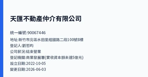 天匯不動產仲介有限公司的照片-統編 90067446(新竹市) 公司登記資料與營業項目詳細圖表