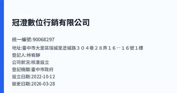 冠澄數位行銷有限公司的照片-統編 90068297(臺中市) 公司登記資料與營業項目詳細圖表