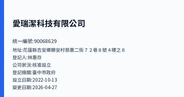 愛瑞潔科技有限公司的照片-統編 90068629(花蓮縣) 公司登記資料與營業項目詳細圖表