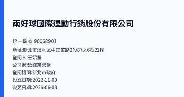 兩好球國際運動行銷股份有限公司的照片-統編 90068901(新北市) 公司登記資料與營業項目詳細圖表