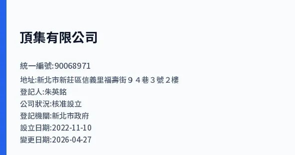 頂集有限公司的照片-統編 90068971(新北市) 公司登記資料與營業項目詳細圖表