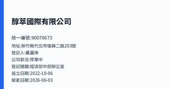 醇萃國際有限公司的照片-統編 90070673(新竹縣) 公司登記資料與營業項目詳細圖表