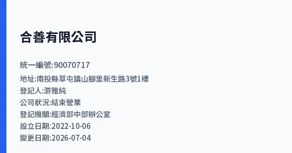 合善有限公司的照片-統編 90070717(南投縣) 公司登記資料與營業項目詳細圖表
