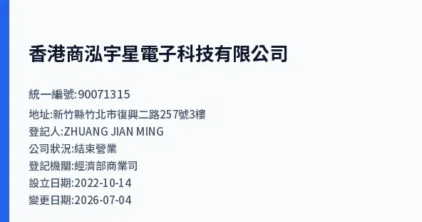 香港商泓宇星電子科技有限公司的照片-統編 90071315(新竹縣) 公司登記資料與營業項目詳細圖表