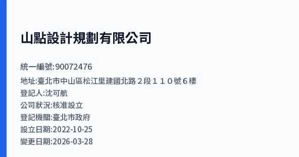 山點設計規劃有限公司的照片-統編 90072476(臺北市) 公司登記資料與營業項目詳細圖表