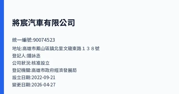將宸汽車有限公司的照片-統編 90074523(高雄市) 公司登記資料與營業項目詳細圖表