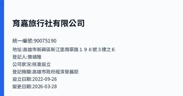 育嘉旅行社有限公司的照片-統編 90075190(高雄市) 公司登記資料與營業項目詳細圖表