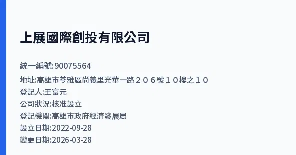 上展國際創投有限公司的照片-統編 90075564(高雄市) 公司登記資料與營業項目詳細圖表