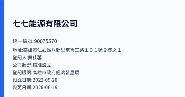 七七能源有限公司的照片-統編 90075570(高雄市) 公司登記資料與營業項目詳細圖表