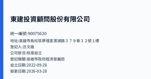 東建投資顧問股份有限公司的照片-統編 90075620(高雄市) 公司登記資料與營業項目詳細圖表