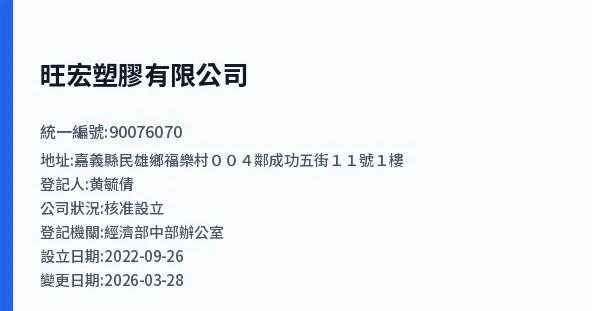旺宏塑膠有限公司的照片-統編 90076070(嘉義縣) 公司登記資料與營業項目詳細圖表