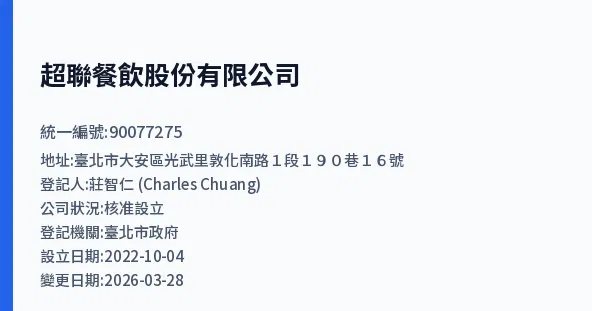 超聯餐飲股份有限公司的照片-統編 90077275(臺北市) 公司登記資料與營業項目詳細圖表