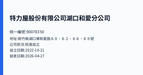 特力屋股份有限公司湖口和愛分公司的照片-統編 90078350(新竹縣) 公司登記資料與營業項目詳細圖表