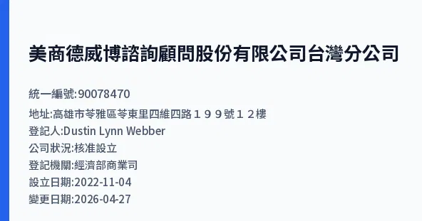 美商德威博諮詢顧問股份有限公司台灣分公司的照片-統編 90078470(高雄市) 公司登記資料與營業項目詳細圖表