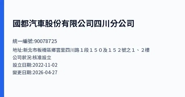 國都汽車股份有限公司四川分公司的照片-統編 90078725(新北市) 公司登記資料與營業項目詳細圖表