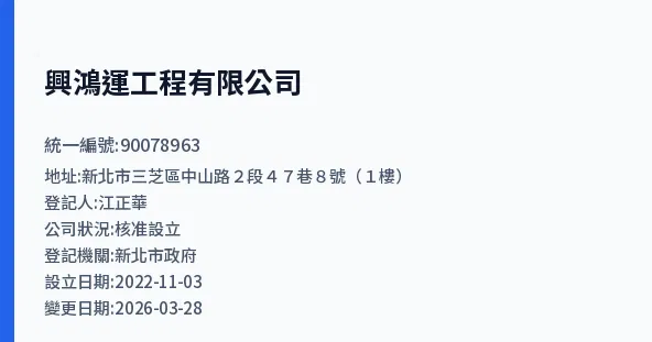 興鴻運工程有限公司的照片-統編 90078963(新北市) 公司登記資料與營業項目詳細圖表