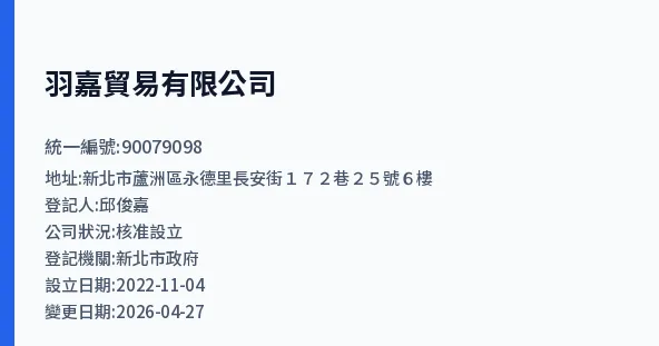 羽嘉貿易有限公司的照片-統編 90079098(新北市) 公司登記資料與營業項目詳細圖表