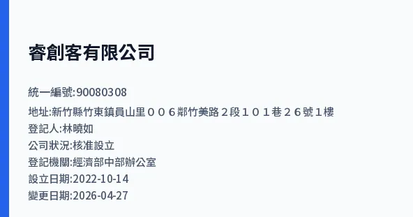 睿創客有限公司的照片-統編 90080308(新竹縣) 公司登記資料與營業項目詳細圖表
