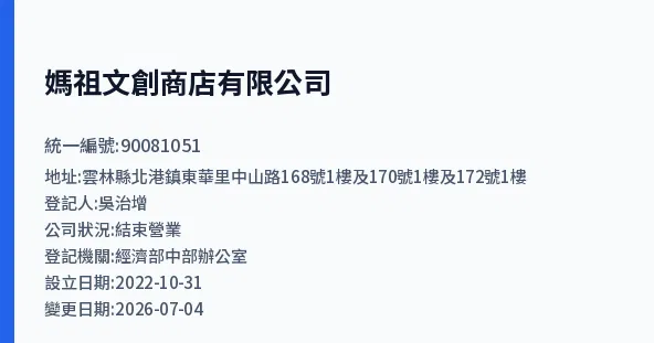 媽祖文創商店有限公司的照片-統編 90081051(雲林縣) 公司登記資料與營業項目詳細圖表