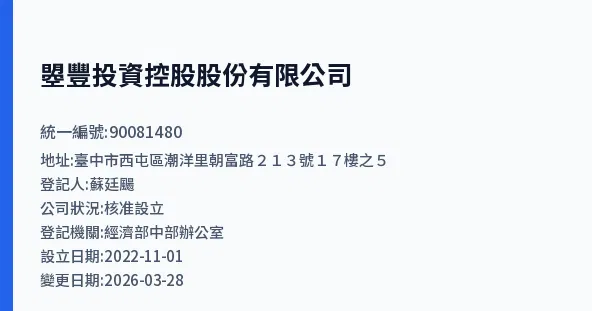 曌豐投資控股股份有限公司的照片-統編 90081480(臺中市) 公司登記資料與營業項目詳細圖表