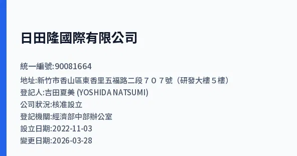 日田隆國際有限公司的照片-統編 90081664(新竹市) 公司登記資料與營業項目詳細圖表