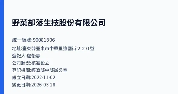 野菜部落生技股份有限公司的照片-統編 90081806(臺東縣) 公司登記資料與營業項目詳細圖表