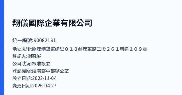 翔儀國際企業有限公司的照片-統編 90082191(彰化縣) 公司登記資料與營業項目詳細圖表