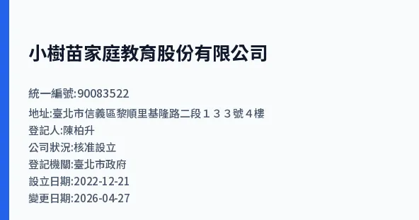 小樹苗家庭教育股份有限公司的照片-統編 90083522(臺北市) 公司登記資料與營業項目詳細圖表