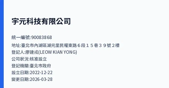 宇元科技有限公司的照片-統編 90083868(臺北市) 公司登記資料與營業項目詳細圖表