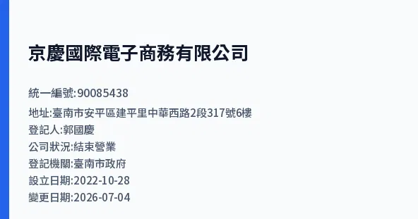 京慶國際電子商務有限公司的照片-統編 90085438(臺南市) 公司登記資料與營業項目詳細圖表