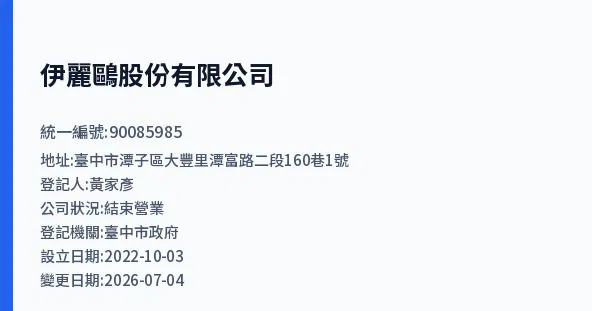 伊麗鷗股份有限公司的照片-統編 90085985(臺中市) 公司登記資料與營業項目詳細圖表
