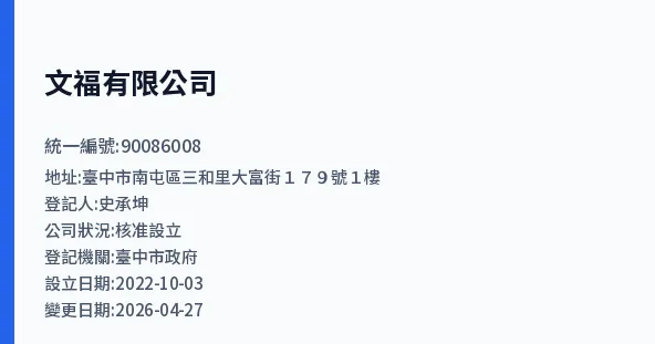 文福有限公司的照片-統編 90086008(臺中市) 公司登記資料與營業項目詳細圖表