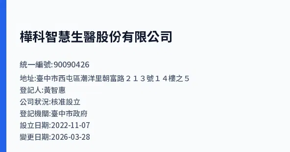 樺科智慧生醫股份有限公司的照片-統編 90090426(臺中市) 公司登記資料與營業項目詳細圖表