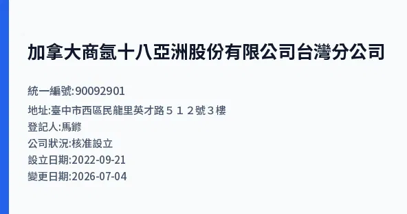 加拿大商氬十八亞洲股份有限公司台灣分公司的照片-統編 90092901(臺中市) 公司登記資料與營業項目詳細圖表