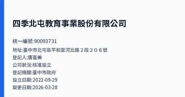四季北屯教育事業股份有限公司的照片-統編 90093731(臺中市) 公司登記資料與營業項目詳細圖表