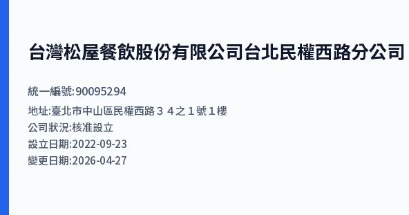 台灣松屋餐飲股份有限公司台北民權西路分公司的照片-統編 90095294(臺北市) 公司登記資料與營業項目詳細圖表