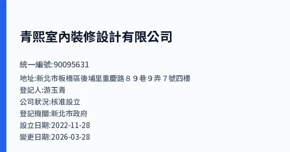 青熙室內裝修設計有限公司的照片-統編 90095631(新北市) 公司登記資料與營業項目詳細圖表