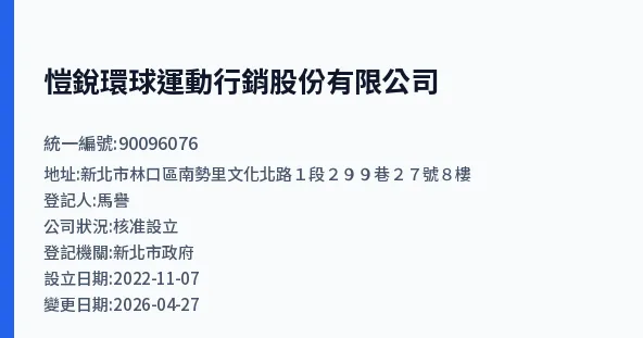 愷銳環球運動行銷股份有限公司的照片-統編 90096076(新北市) 公司登記資料與營業項目詳細圖表