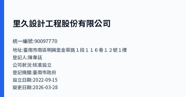 里久設計工程股份有限公司的照片-統編 90097770(臺南市) 公司登記資料與營業項目詳細圖表