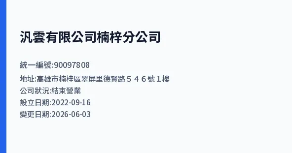 汎雲有限公司楠梓分公司的照片-統編 90097808(高雄市) 公司登記資料與營業項目詳細圖表
