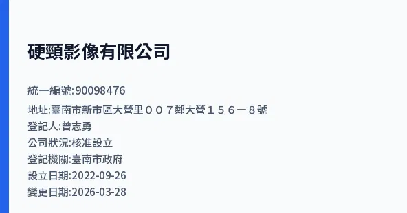 硬頸影像有限公司的照片-統編 90098476(臺南市) 公司登記資料與營業項目詳細圖表