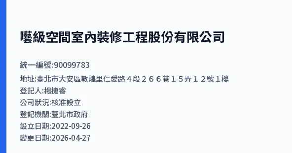 囈級空間室內裝修工程股份有限公司的照片-統編 90099783(臺北市) 公司登記資料與營業項目詳細圖表