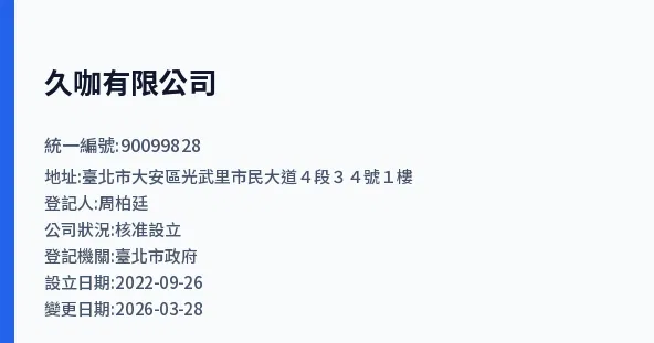 久咖有限公司的照片-統編 90099828(臺北市) 公司登記資料與營業項目詳細圖表