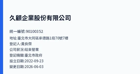 久顧企業股份有限公司的照片-統編 90100352(臺北市) 公司登記資料與營業項目詳細圖表