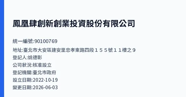 鳳凰肆創新創業投資股份有限公司的照片-統編 90100769(臺北市) 公司登記資料與營業項目詳細圖表