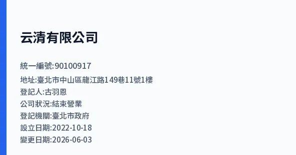 云清有限公司的照片-統編 90100917(臺北市) 公司登記資料與營業項目詳細圖表