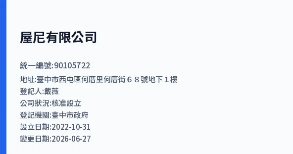 屋尼有限公司的照片-統編 90105722(臺中市) 公司登記資料與營業項目詳細圖表