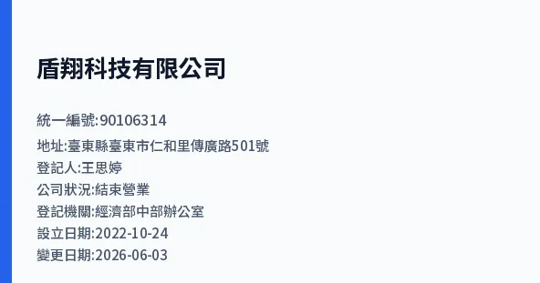 盾翔科技有限公司的照片-統編 90106314(臺東縣) 公司登記資料與營業項目詳細圖表